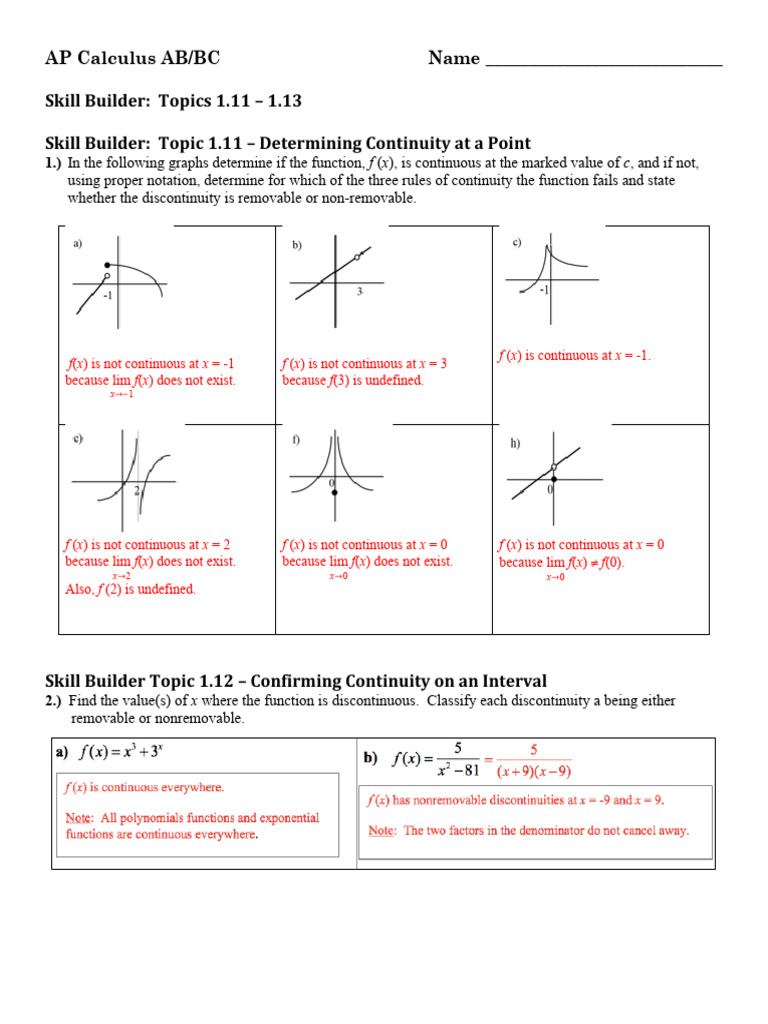 AP Calculus AB: Continuity Skills 1.11-1.13 | PDF