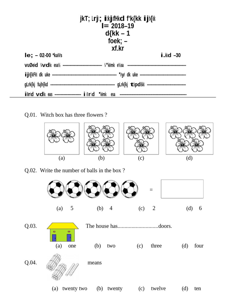 Class 1 Maths Question Paper 2018-19 | PDF | Mathematics
