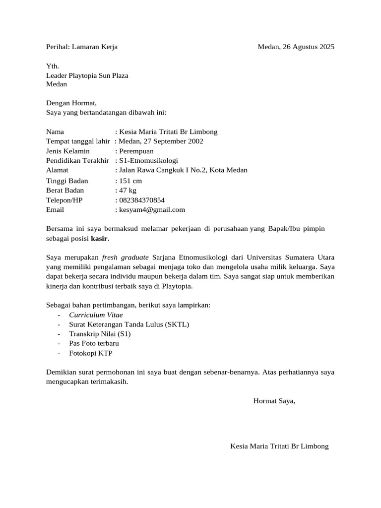 Surat Lamaran Playtopia (Yayak) | PDF