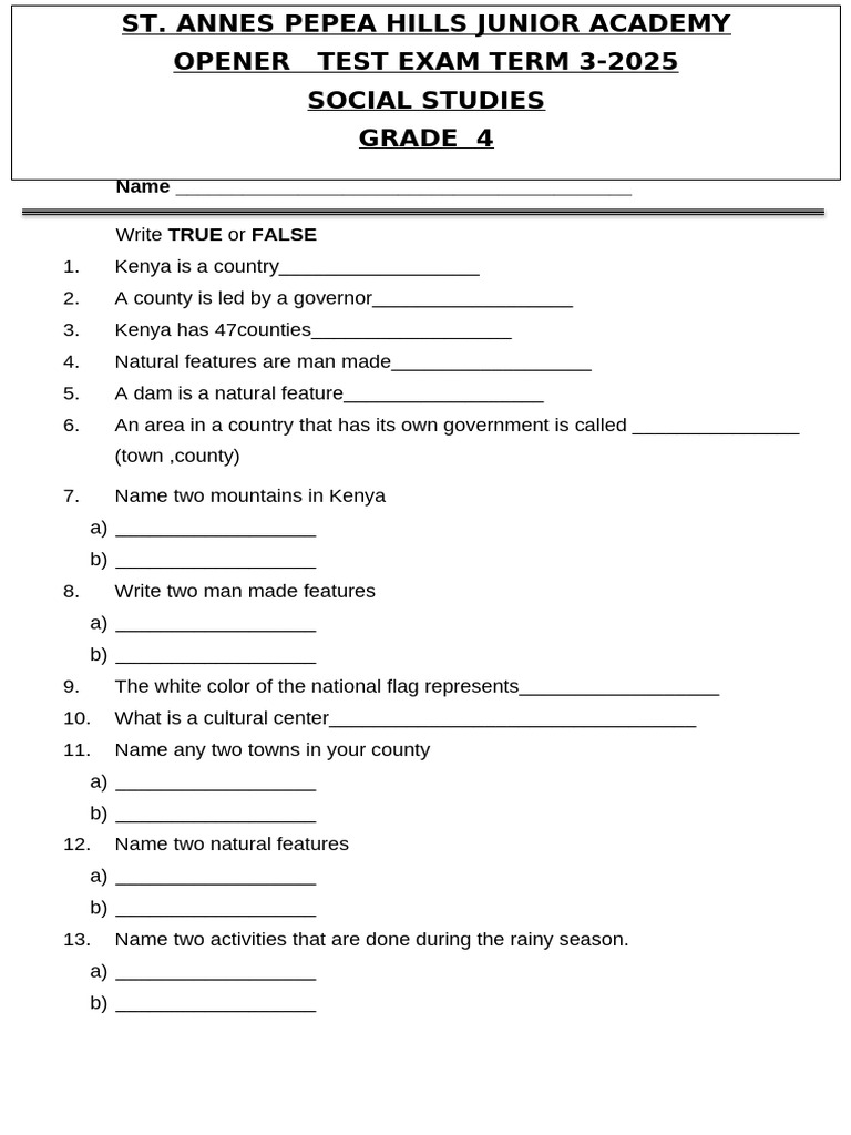 Grade 4 Social Studies Exam Questions | PDF
