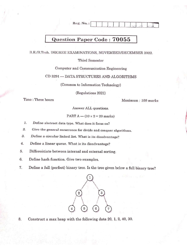 Data Structures and Algorithms - CD3291 2021 Regulation - Question Paper 2022 Nov Dec | PDF ...