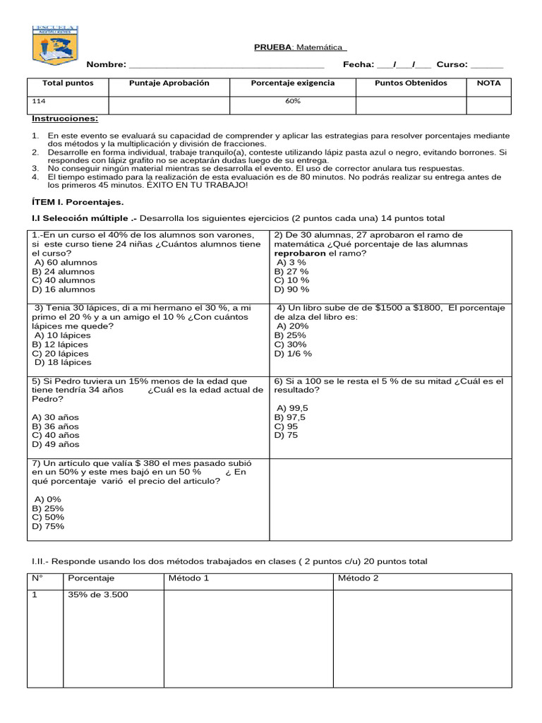 Prueba Septimo Matematica - Porcentajes, Multiplicacion y Division de Fracciones | PDF | Lápiz