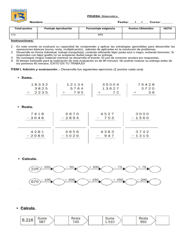 Prueba Septimo Matematica | PDF | Sustracción