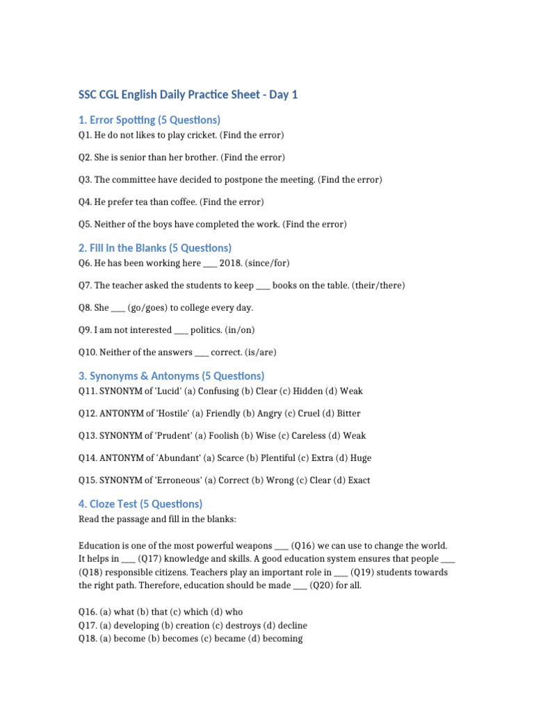 SSC CGL English Practice Day 1 | PDF