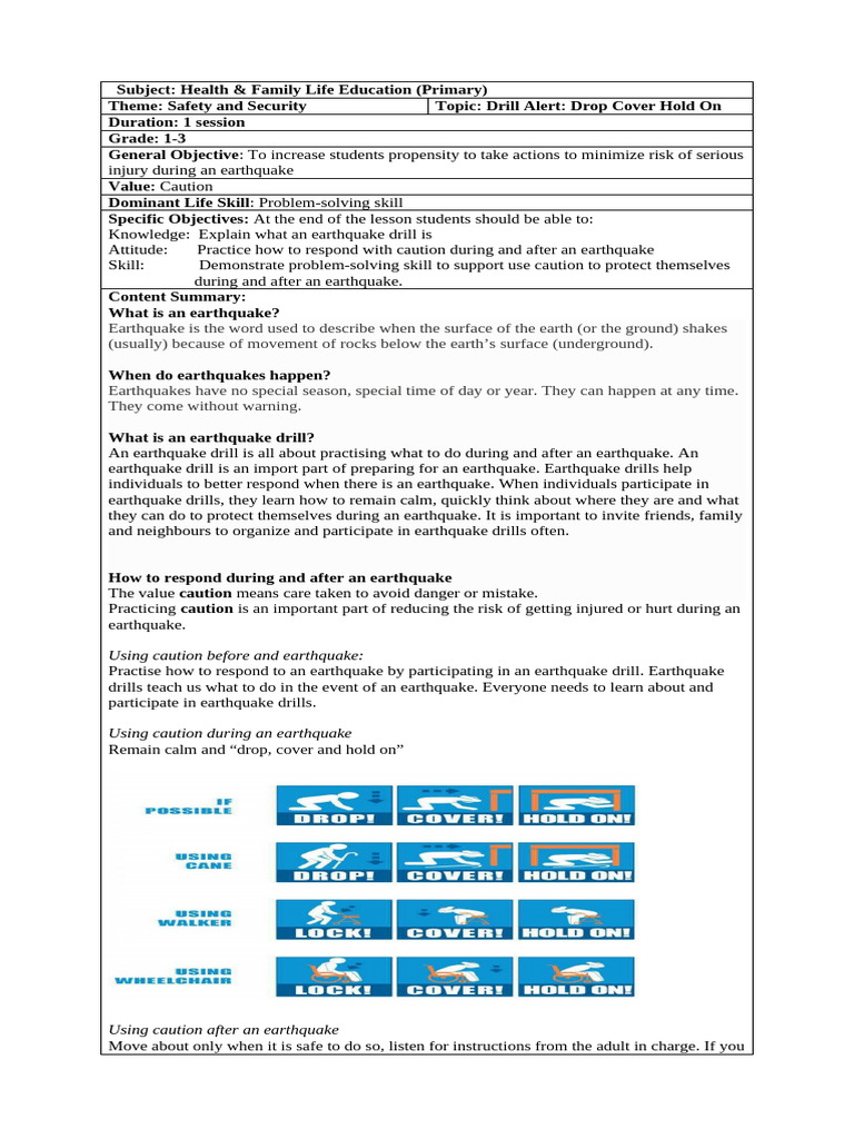 Grades 1 3 Drill Alert Drop Cover Hold On | PDF | Emergency Management ...