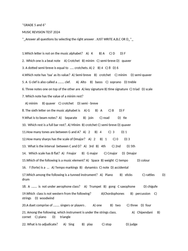 Grade 5 and 6 Music Revision 2024 | PDF | String Instruments | Clef