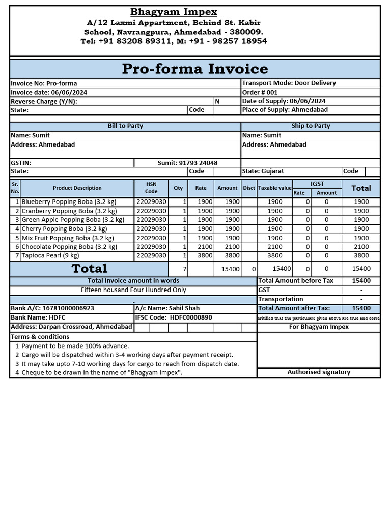 Pro-forma Invoice for Popping Boba | PDF | Payments | Taxes
