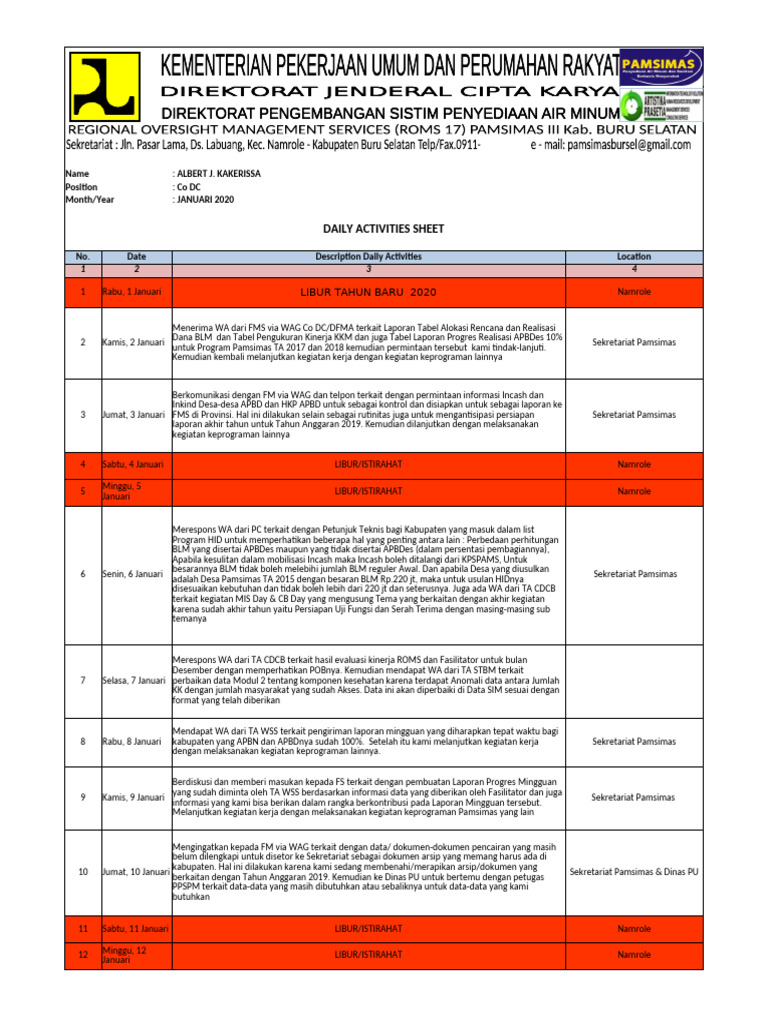 Daily Activities Co DC Tahun 2020 | PDF