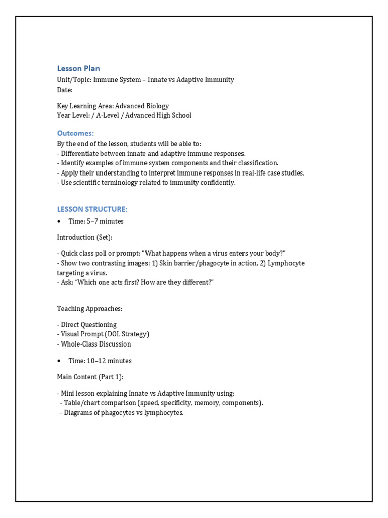 Innate vs Adaptive Immunity Lesson Plan | PDF | Immune System ...