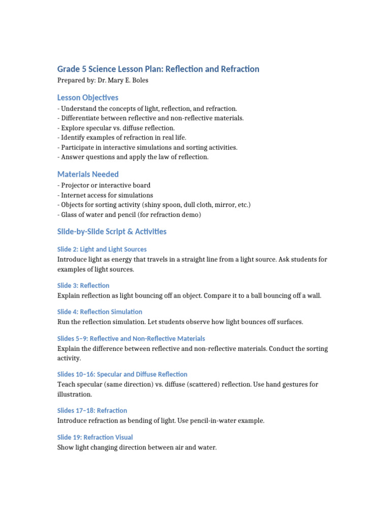 Light: Reflection and Refraction Lesson | PDF | Reflection (Physics ...