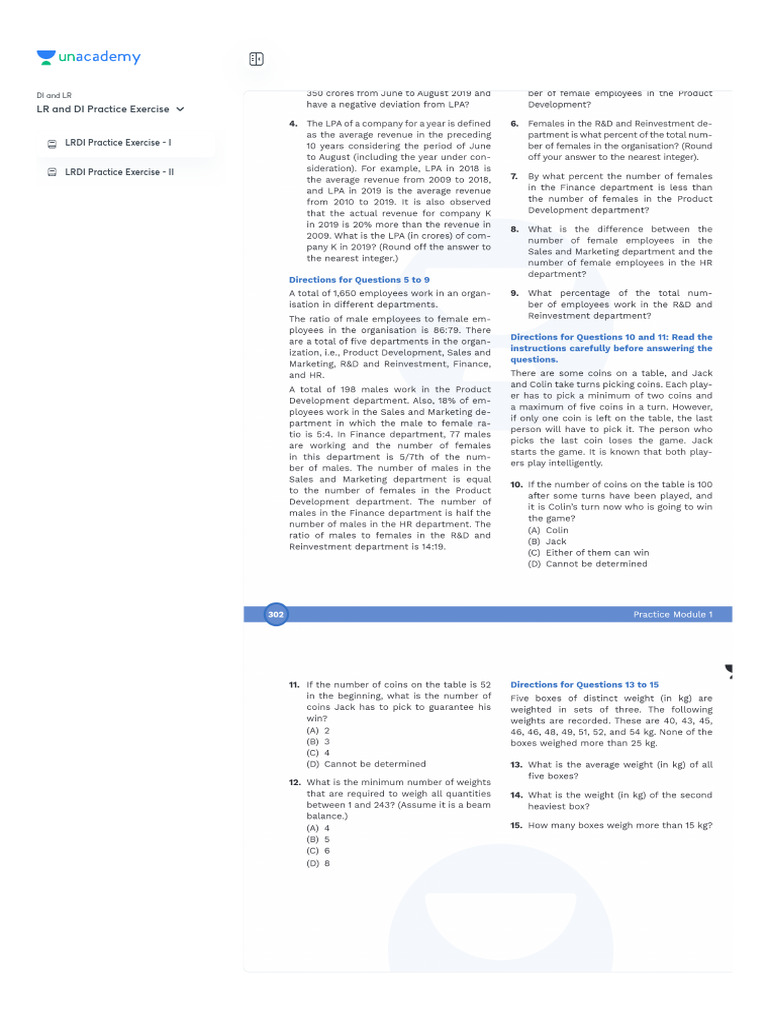 LR and DI Practice Exercise: LRDI Practice Exercise - I LRDI Practice Exercise - II | PDF