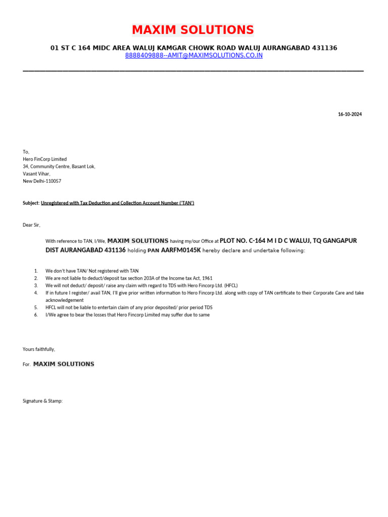 TAN Declaration by Maxim Solutions | PDF