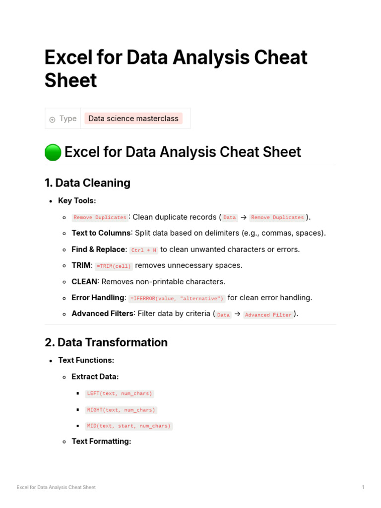 DAY 1 - Excel For Data Analysis Cheat Sheet | PDF | Data Analysis | Microsoft Excel