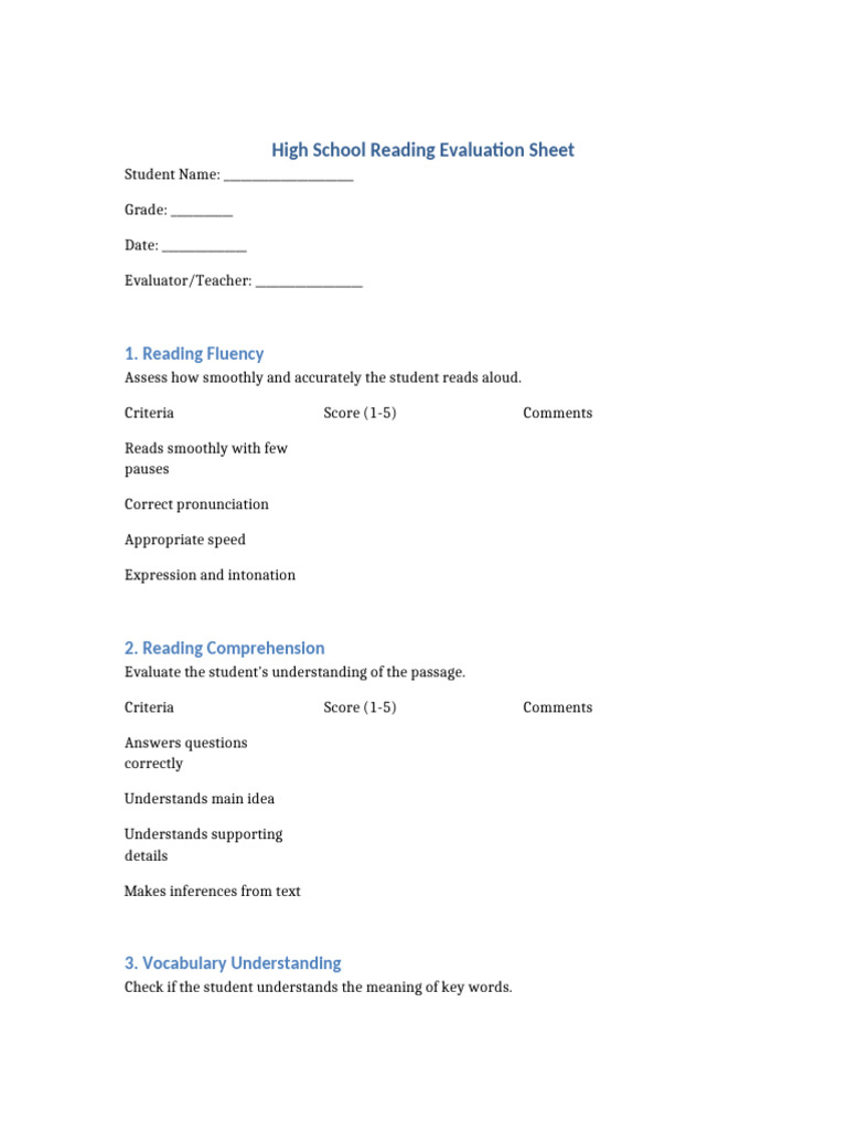 High School Reading Evaluation Sheet | PDF