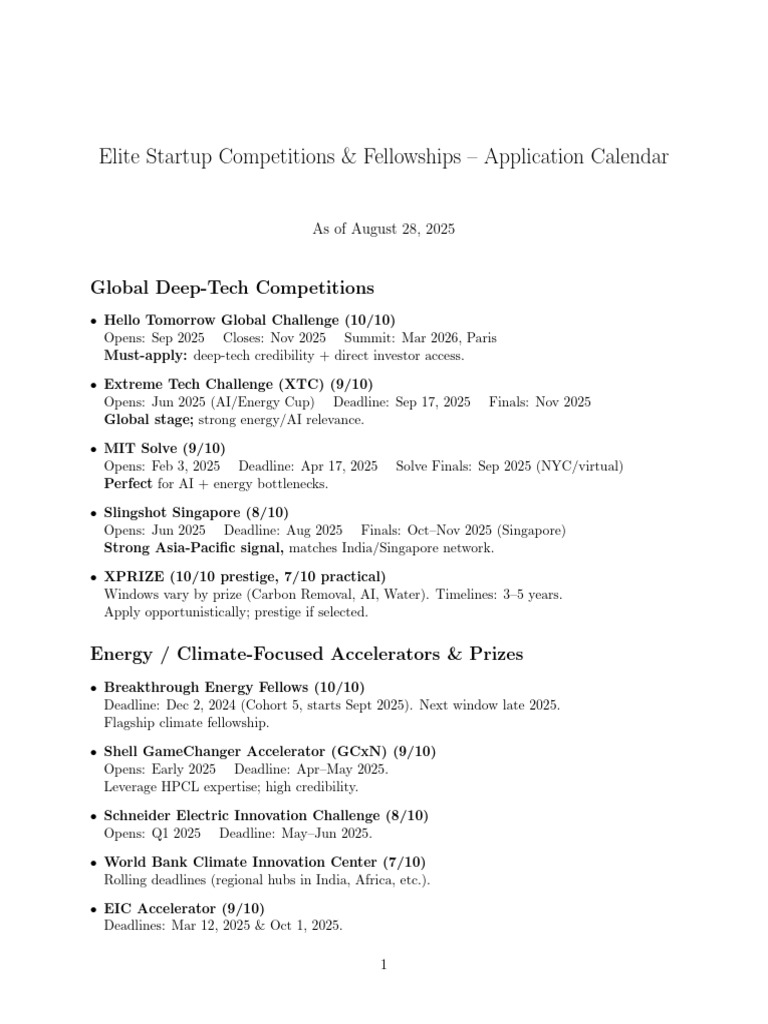 Elite Startup Competitions Fellowships Application Calendar | PDF | World Economic Forum | Economies