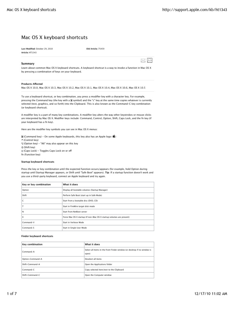 =Mac OS X Keyboard Shortcuts | PDF | Finder (Software) | Computer Keyboard
