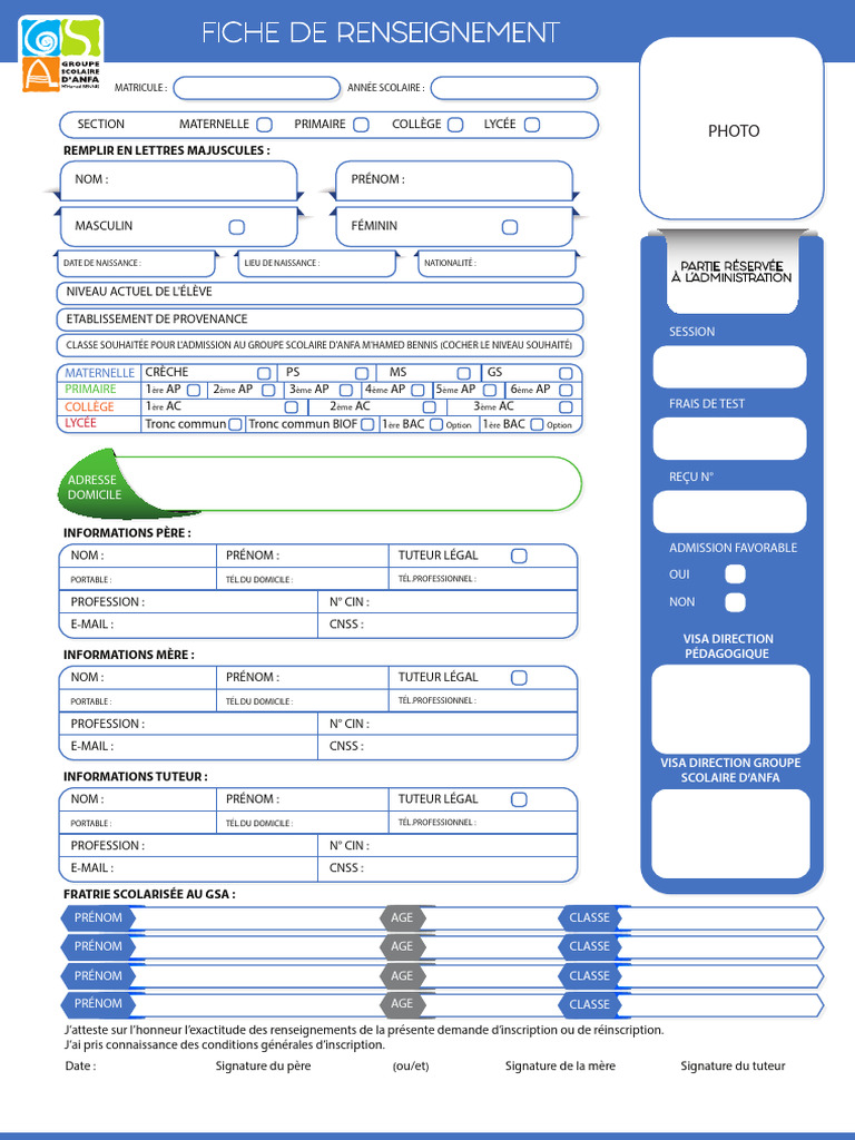 Fiche de renseignement élève 1ère BAC | PDF