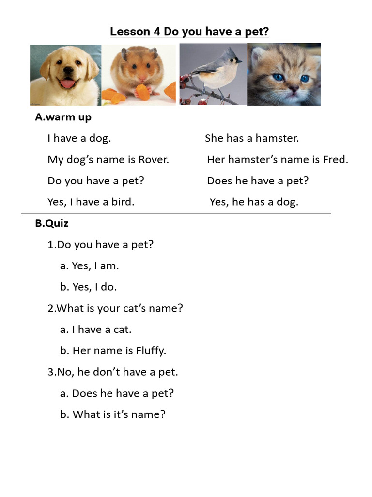 Pet Ownership Dialogue and Quiz | PDF