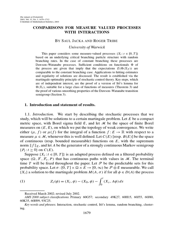Comparisons For Measure Valued Processes With Interactions | PDF | Measure (Mathematics ...