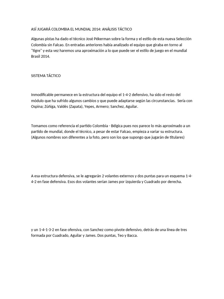 Así Jugará Colombia El Mundial 2014 | PDF | Defensor (Asociación de ...