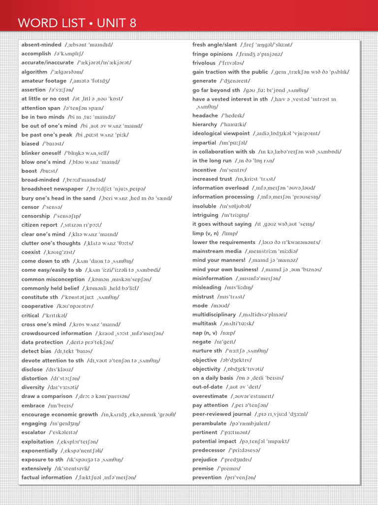 Focus 5. Wordlists Wordlistunit 8 | PDF | Human Communication