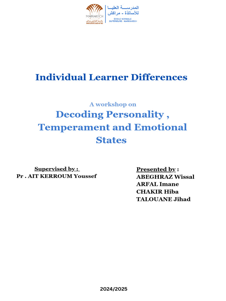 Individual Learner Differences ' Wrokshop Report | PDF | Temperament | Extraversion And Introversion