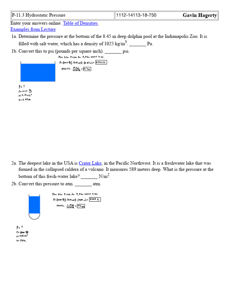 Hydrostatic Pressure Calculations Guide | PDF | Pressure | Lake