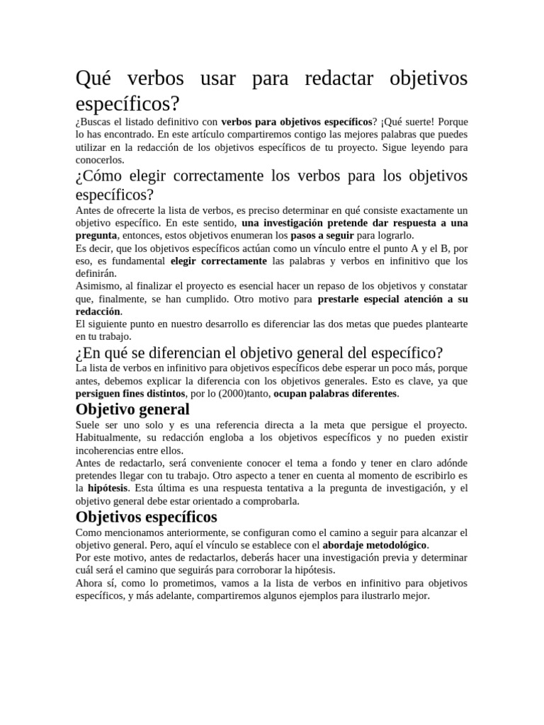 Qué Verbos Usar para Redactar Objetivos Específicos | PDF | Verbo