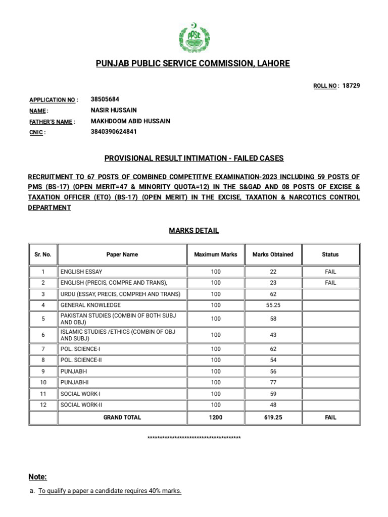 Detail Marks Sheet of NASIR HUSSAIN | PDF