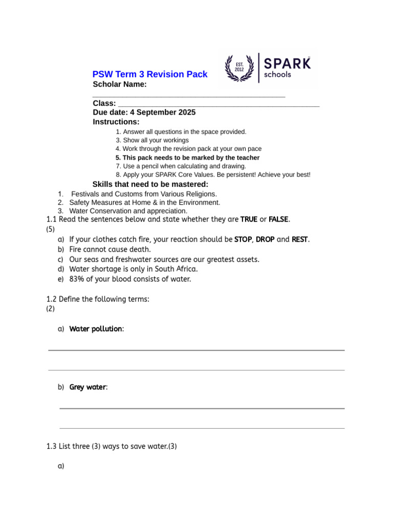 Grade 5 - Term 3 - PSW Revision Pack | PDF