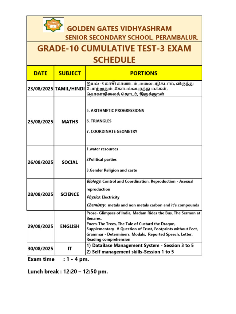 g10 Cumulative Test-3 Schedule | PDF