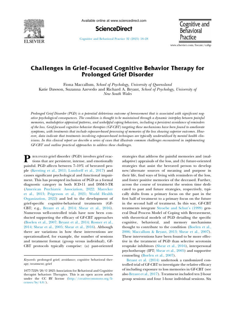 Grief-CBT Challenges in Prolonged Grief | PDF | Grief | Cognitive ...