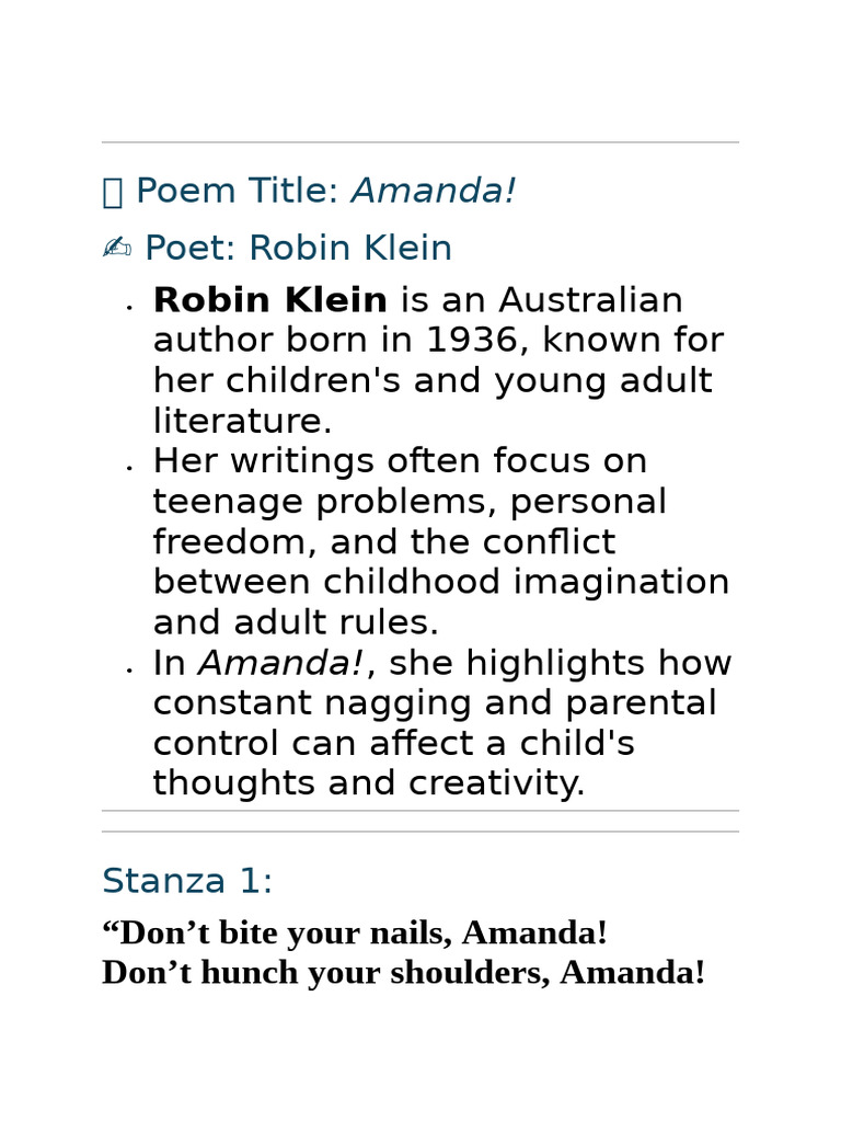 Poetic Devices in "Amanda" by Klein | PDF | Poetry