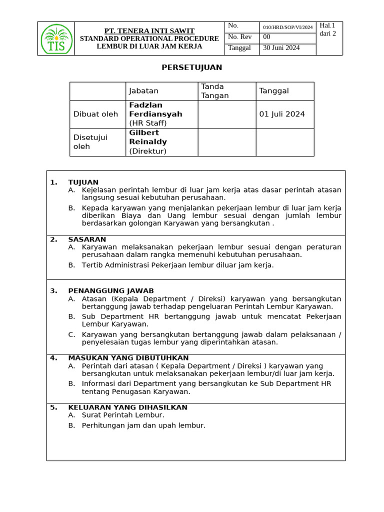 SOP Lembur Karyawan PT Tenera Inti Sawit | PDF