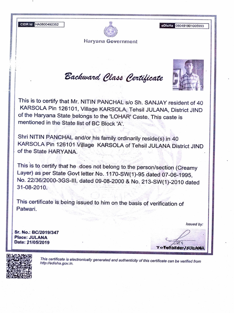 Haryana Backward Class Certificate for Nitin Panchal | PDF