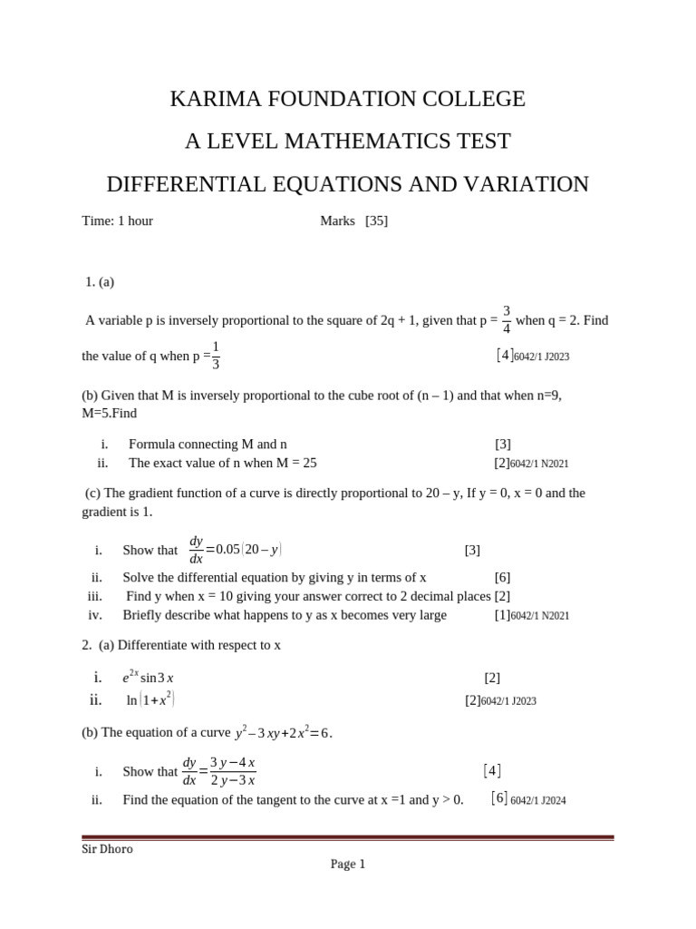 A Level Mathematics: Differential Equations Test | PDF