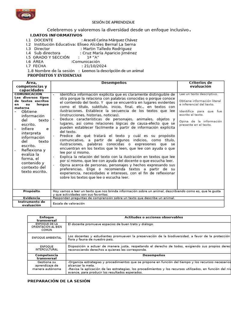 SESION 21 Octubre LEEMOS LA DESCRIPCION DE UN ANIMAL | PDF ...