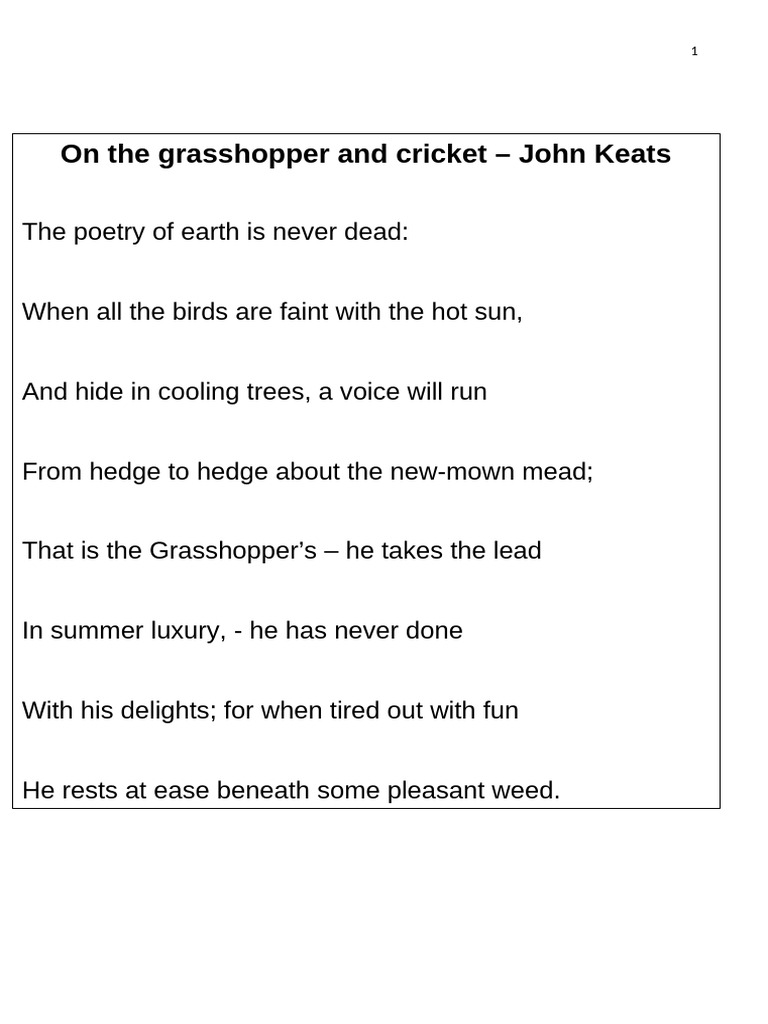 On The Grasshopper and Cricket Notes | PDF | Poetry | John Keats