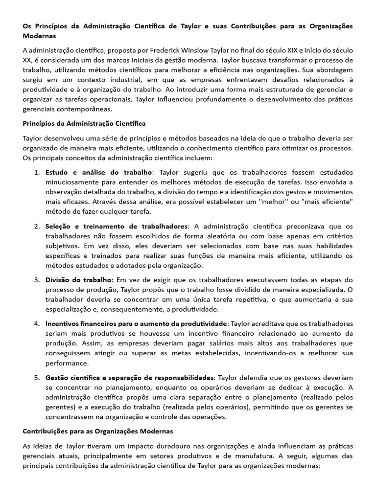 Princípios da Administração Científica de Taylor Contribuições para as ...