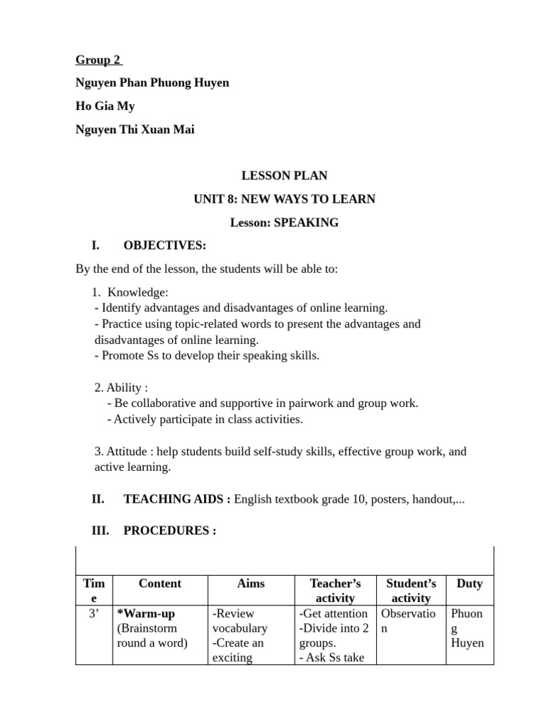 Lesson Plan Speaking - Unit 8 - gr2 | PDF | Reading Comprehension ...