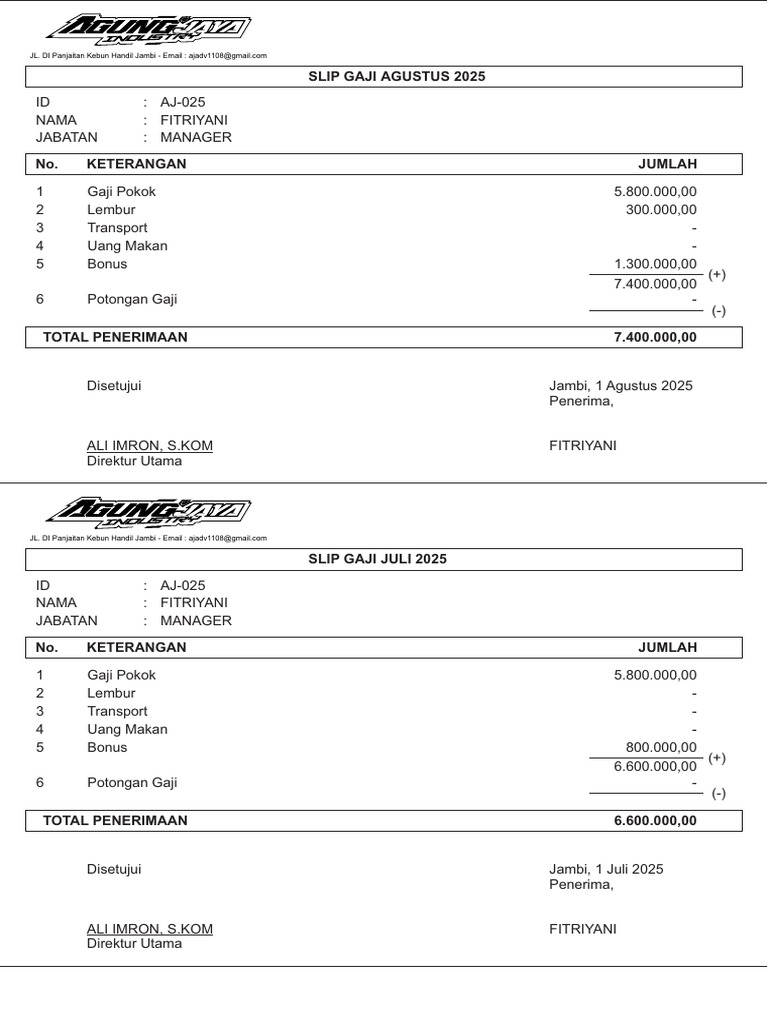 Slip Gaji Fitriyani Agustus 2025 | PDF