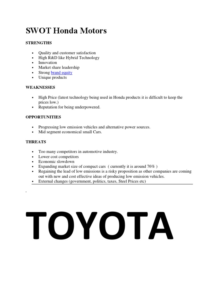 SWOT Honda Motors | PDF | Hybrid Electric Vehicle | Car