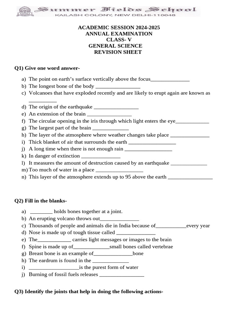 Class V General Science Revision Sheet | PDF | Earth | Earth Sciences