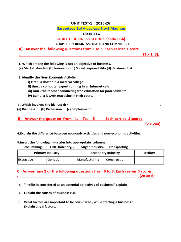 Class 11 Business Studies Unit Test 2025 | PDF | Economies