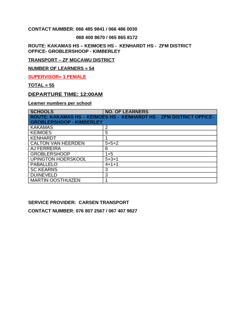 School Transport Routes and Details | PDF