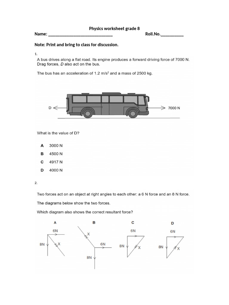 Addition of Forces Worksheet Grade 8 | PDF