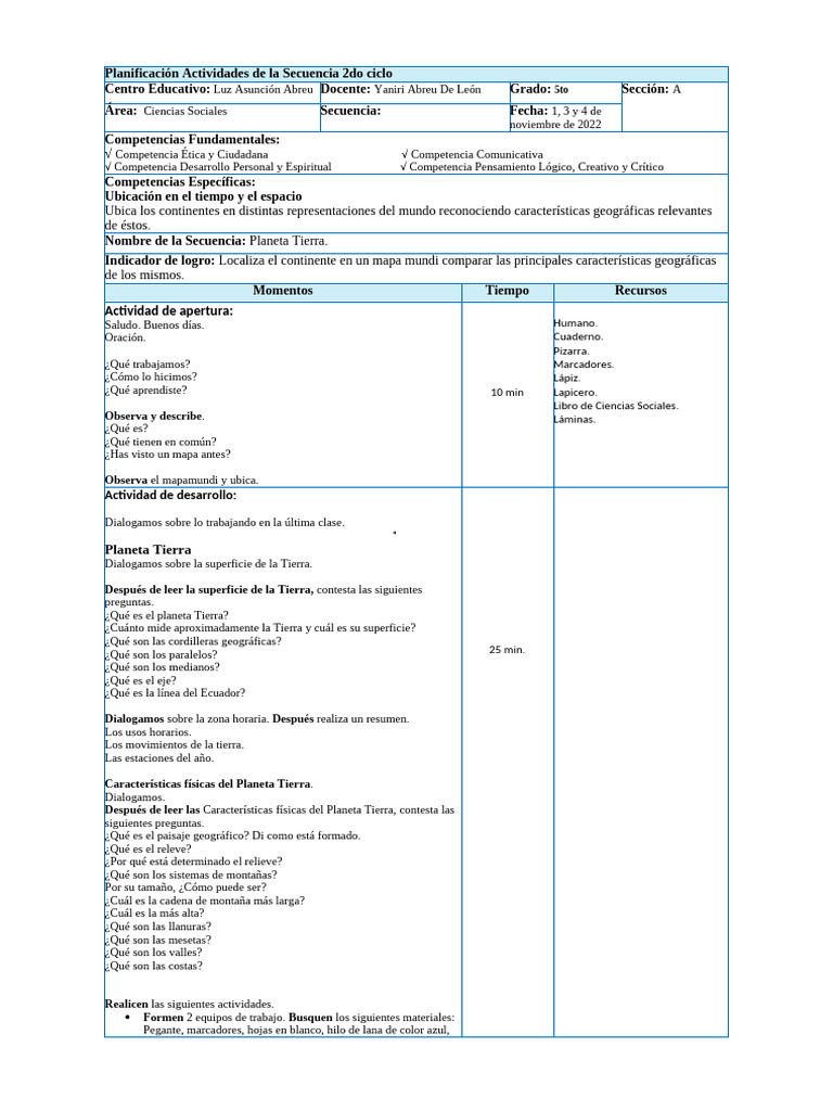 C.S. Planif. Sec. 5to 2024 | PDF | Tierra | Continente