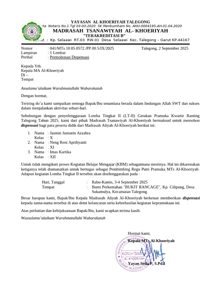 Surat Permohonan Dispensasi | PDF