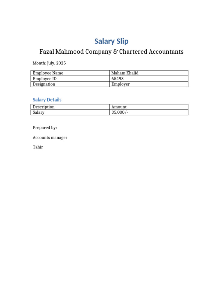July 2025 Salary Slip for Maham Khalid | PDF
