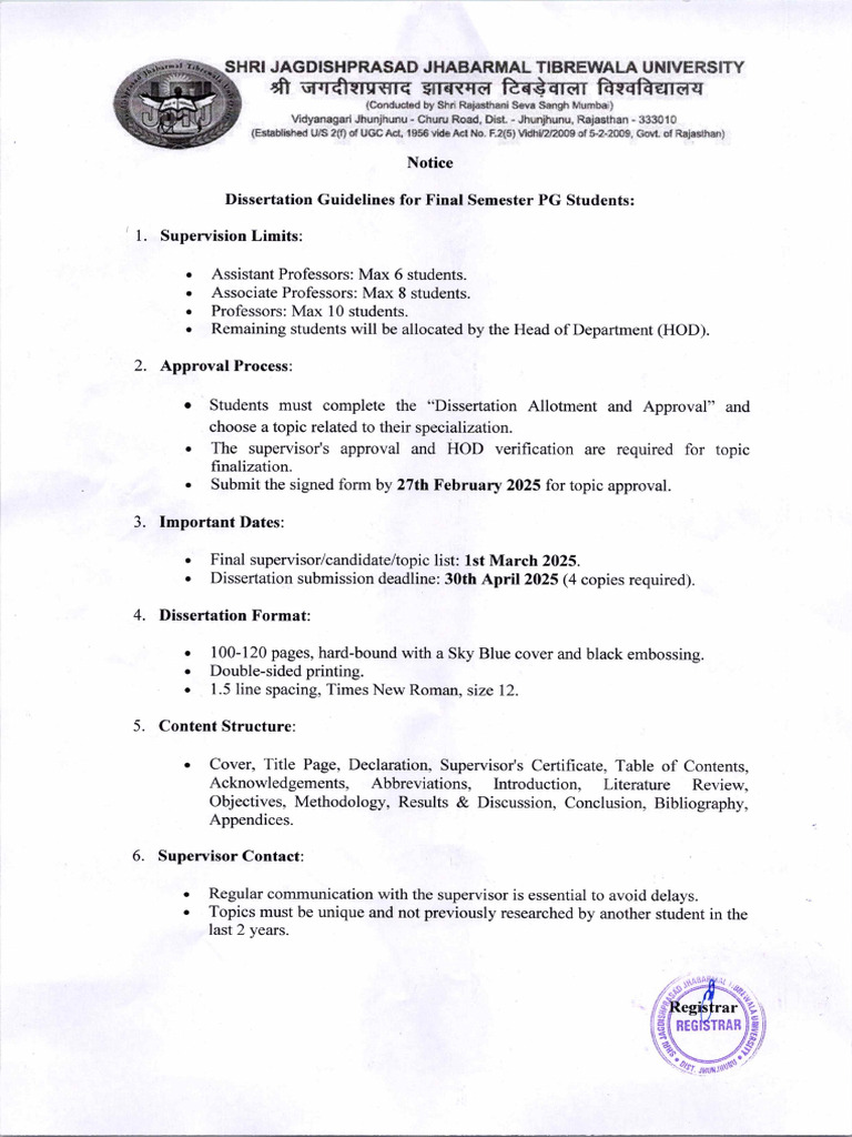 Dissertation Guidelines For Final Semester PG Students | PDF